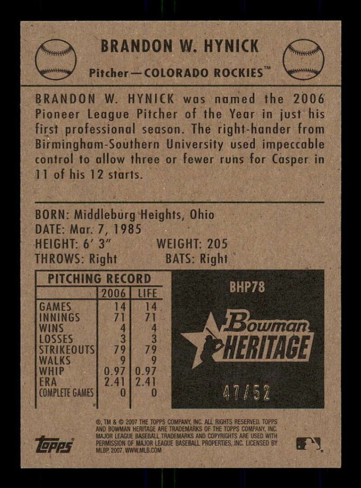 2007 Bowman Heritage Prospects Black Border #BHP78 Brandon Hynick ...