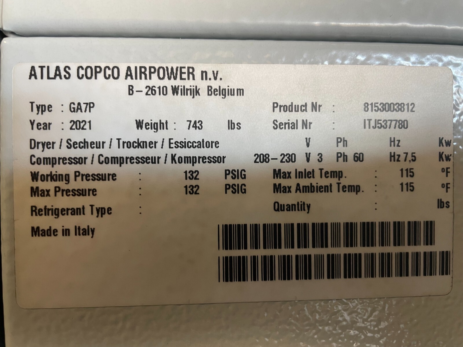 10 hp Atlas Copco GA7 rotary screw air compressor | eBay