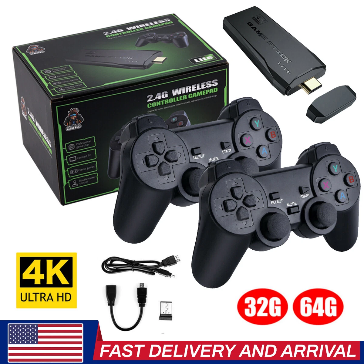 4K HDMI TV Game Stick Built-in 64GB 20000+ Video Games Console Wireless ...