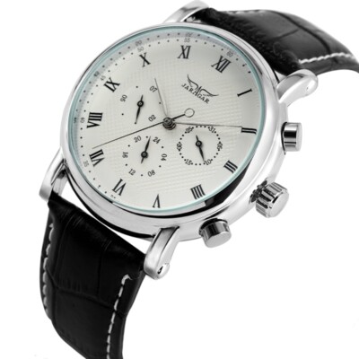 JARAGAR Men Automatic Mechanical Watch White Dial 22mm Leather Band ...