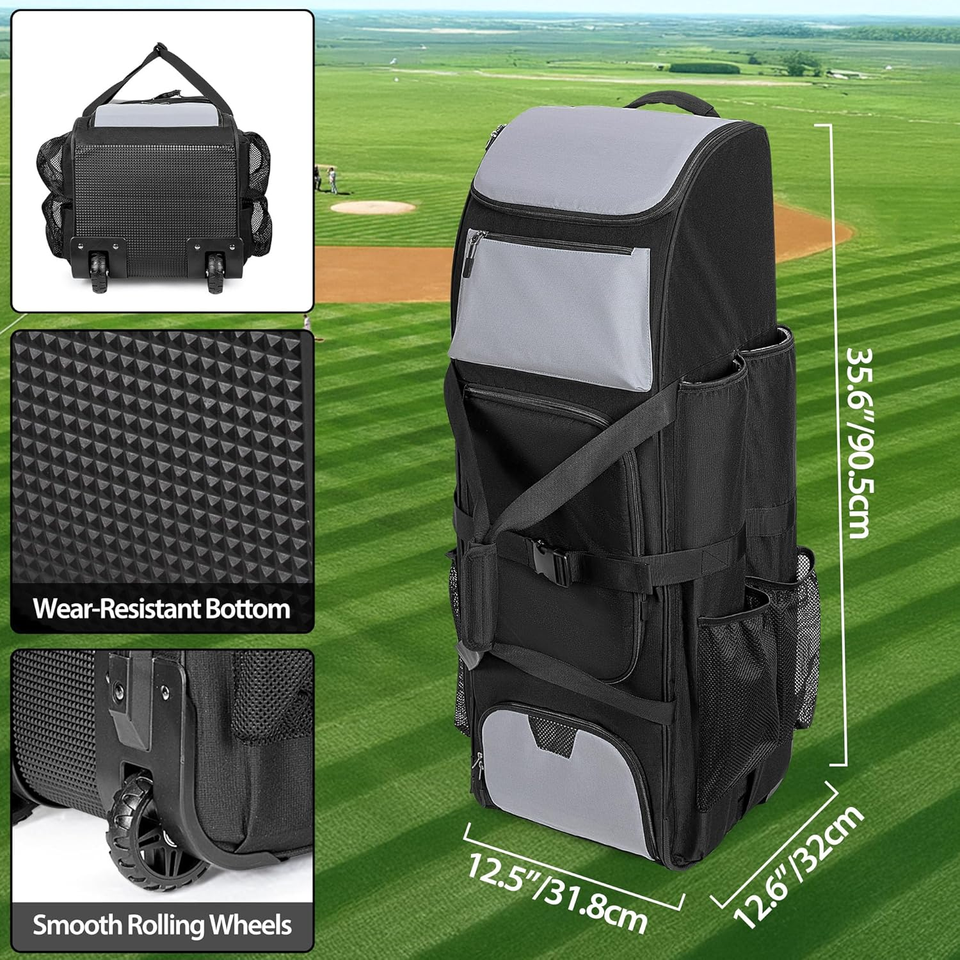 Wheeled Baseball Bag for 4 Bats, Large Softball Gear Bag with Shoe ...