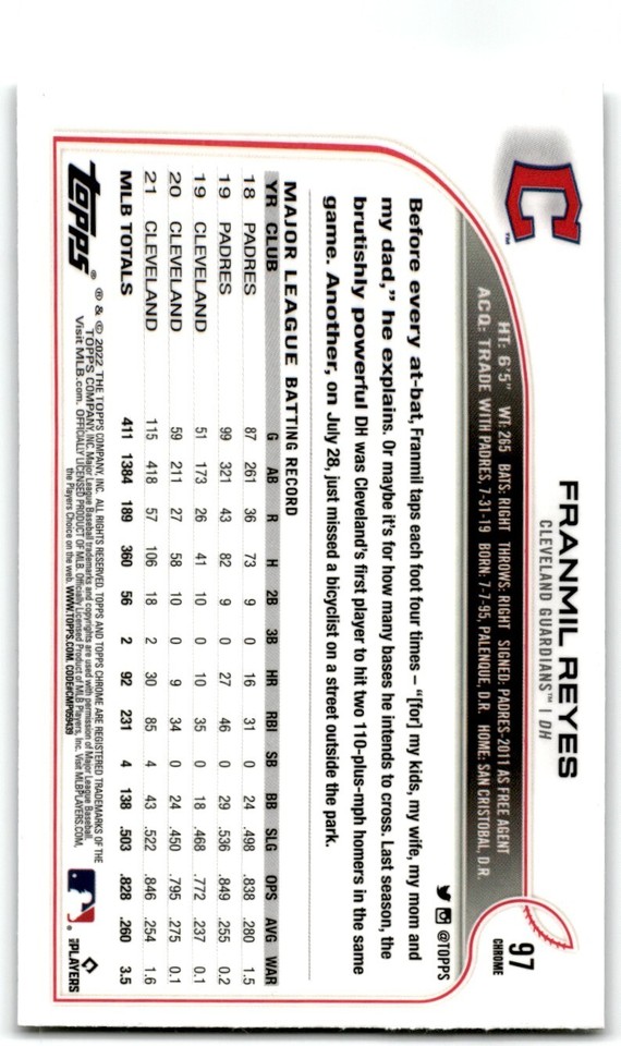 2022 Topps Chrome Franmil Reyes Cleveland Indians #17 | eBay