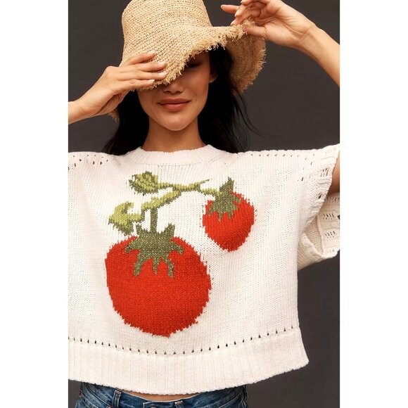 Maeve Short-Sleeve Crew-Neck Veggie Motif Graphic Sweater Tomato XLP | eBay