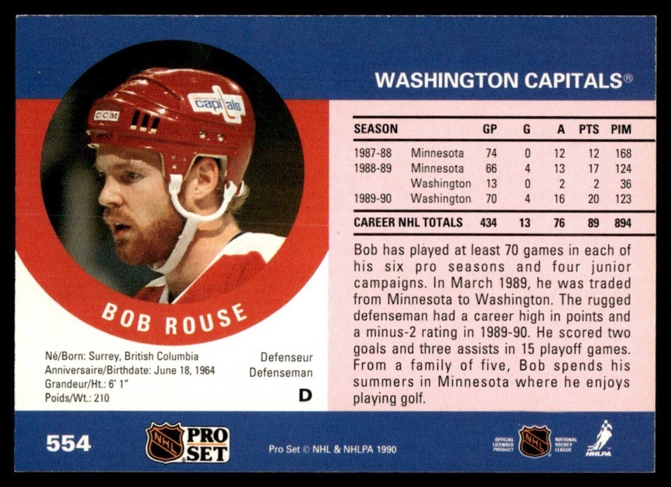 1990-91 Pro Set #554 Bob Rouse Washington Capitals | eBay