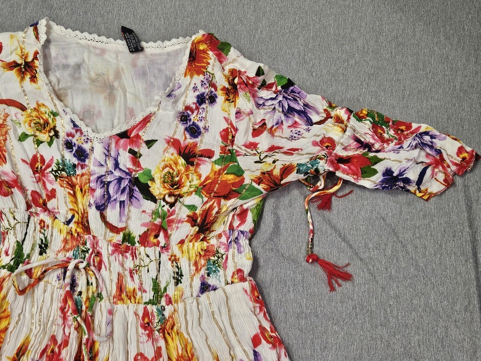 Me 2 Magic Dress Womens Medium White Floral Boho Maxi Crinkle Peasant ...