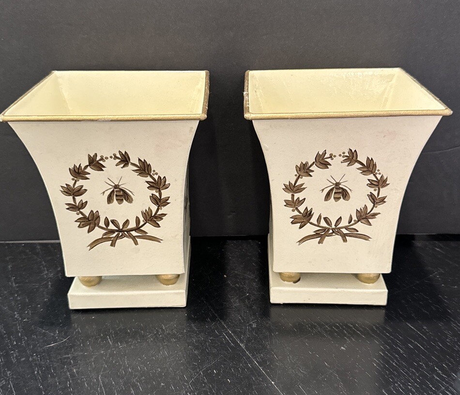 Pair Of Tole Painted Metal Planters/Pots Yellow Eith Bumblebees Allen G ...