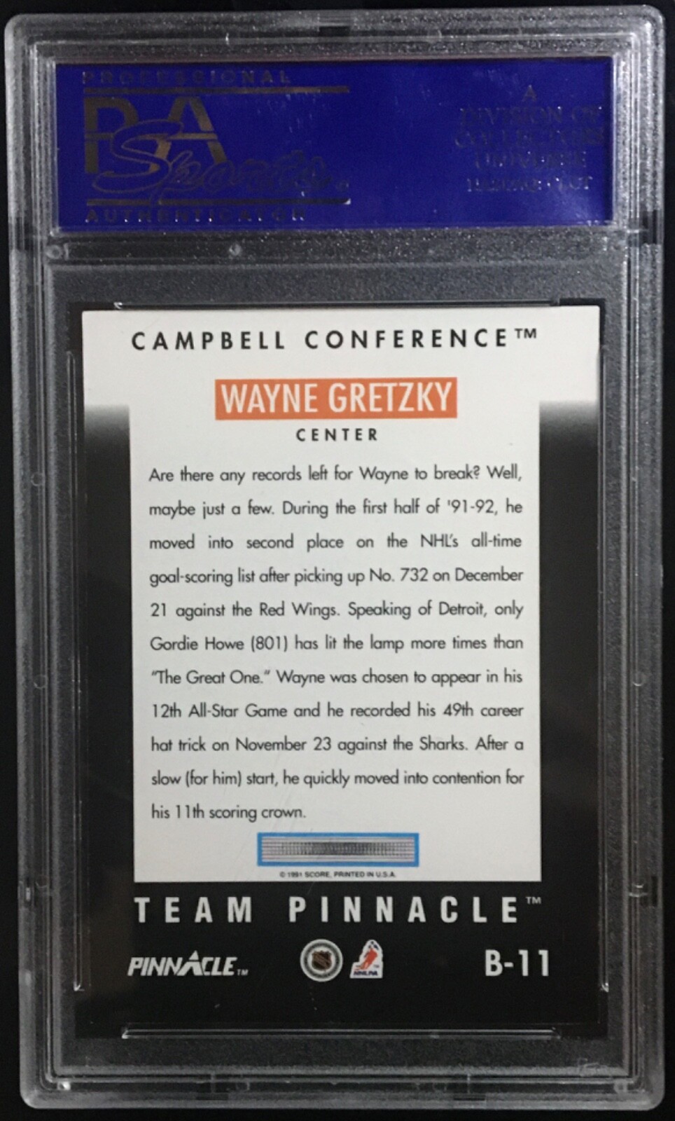 1991-92 Wayne Gretzky Pinnacle B team pinnacle B-11 Mint PSA 9 low pop ...