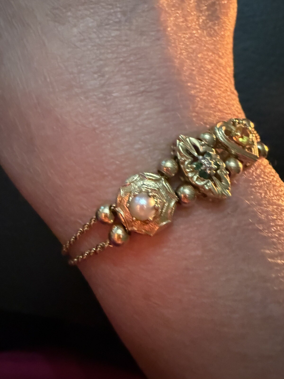Vintage 14K Slide Bracelet 3 10K Slides Pearl, Emerald, Diamond 14.4 G ...