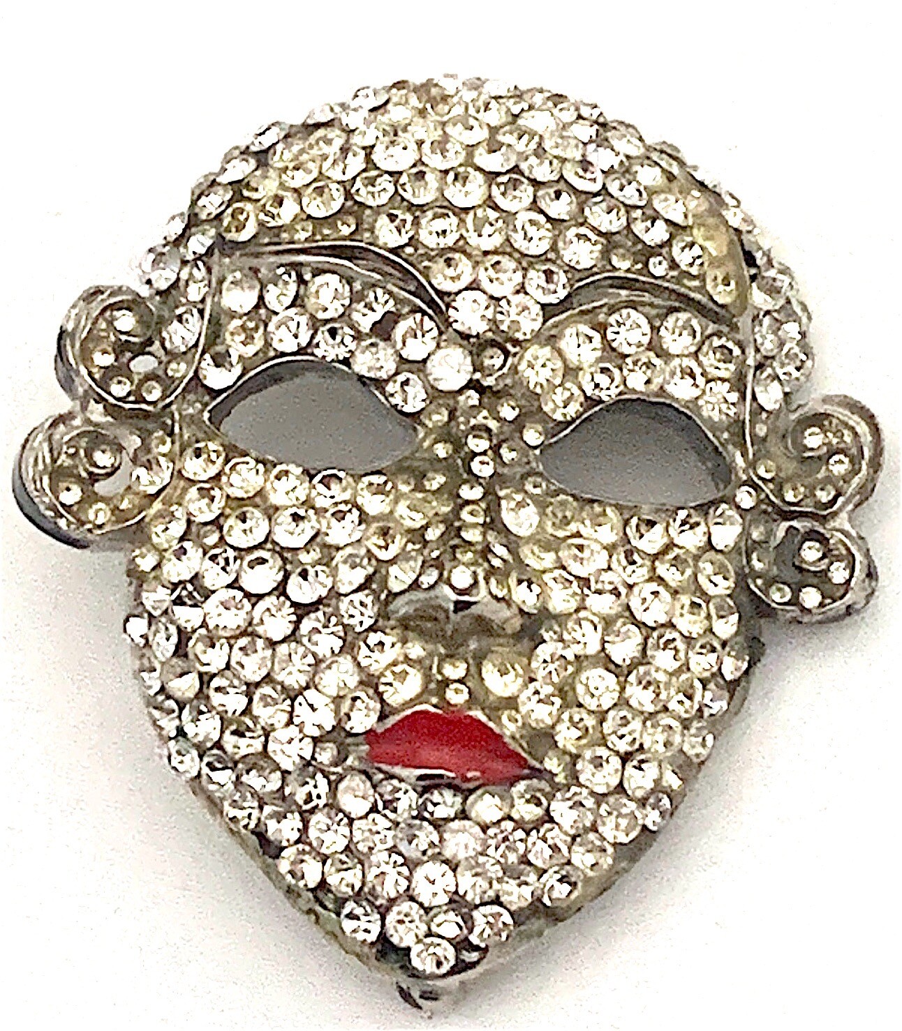 Vintage Pave Rhinestone Face Mask Brooch Pin - Gem