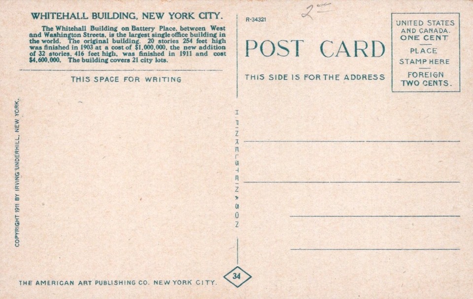 New York City New York NYC Whitehall Building Postcard | eBay