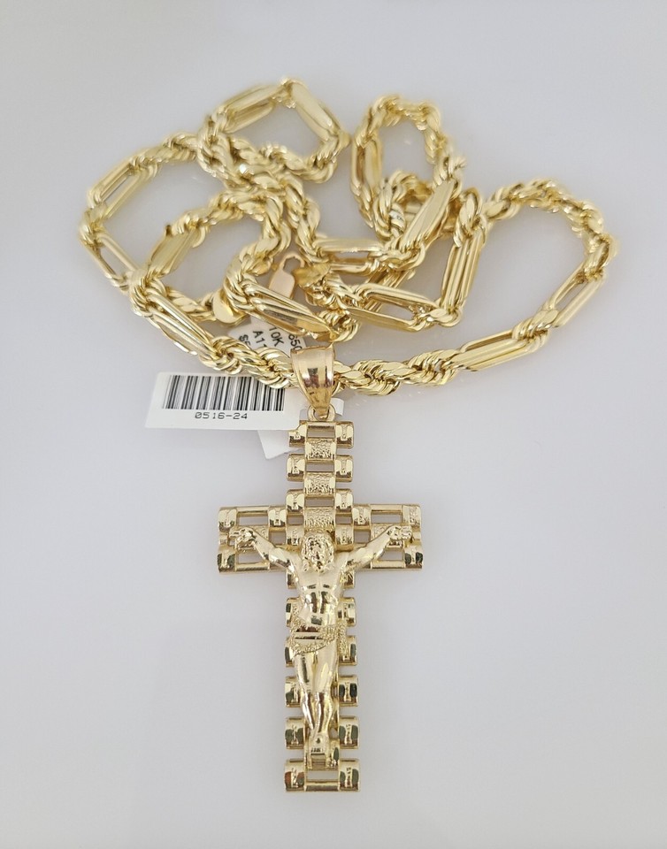10k Gold Milano Rope Chain Jesus Cross Charm 6mm Set 20"-26'' Inches ...