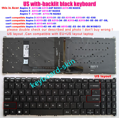 US backlit keyboard For Acer Aspire 3 A315-59G Aspire 5 A515-57 A515 ...
