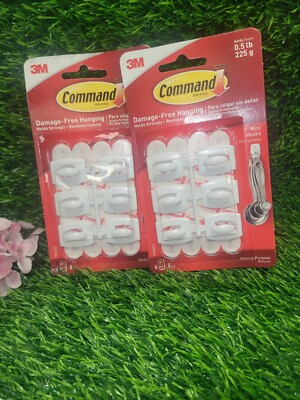 2 pk 3M Command Mini Hooks Holds 0.5 Lb White 6 Hooks & 8 Strips Multi ...