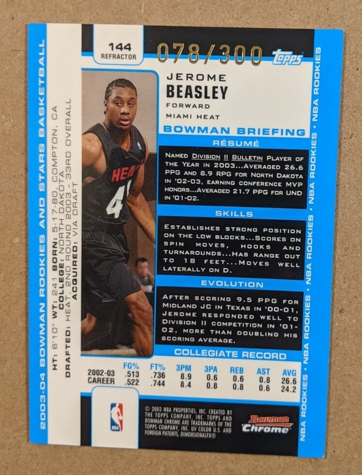2003-04 BOWMAN CHROME REFRACTOR #144 JEROME BEASLEY RC #'D 78/300 | eBay