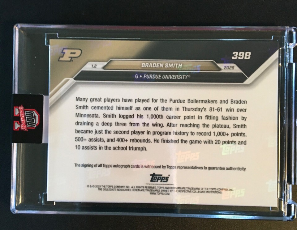 2024-25 BOWMAN U BASKETBALL 39A BRADEN SMITH PURDUE ON CARD AUTOGRAPH ...