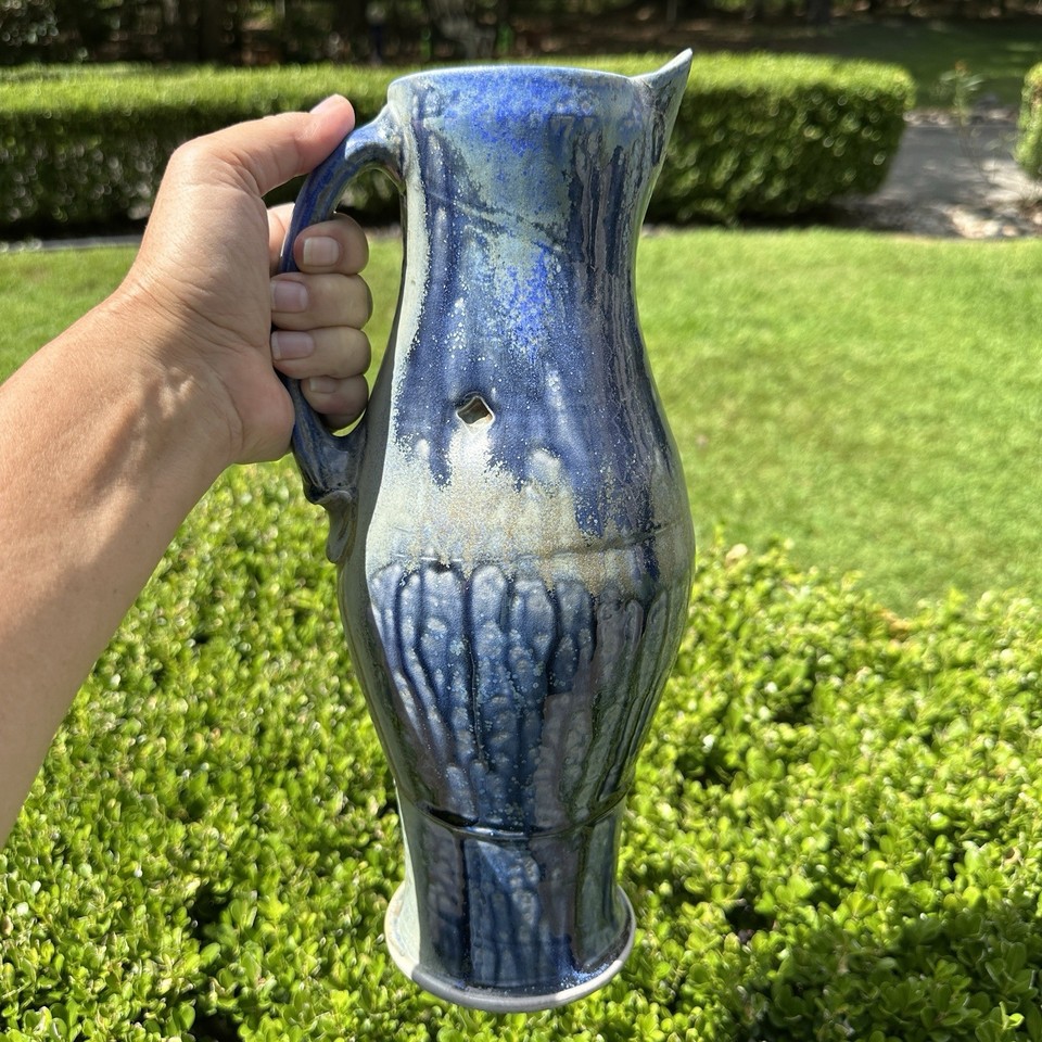 Tim Sherman Studio Pottery Pitcher Wood Fired Blue Drip Ash Glaze ...