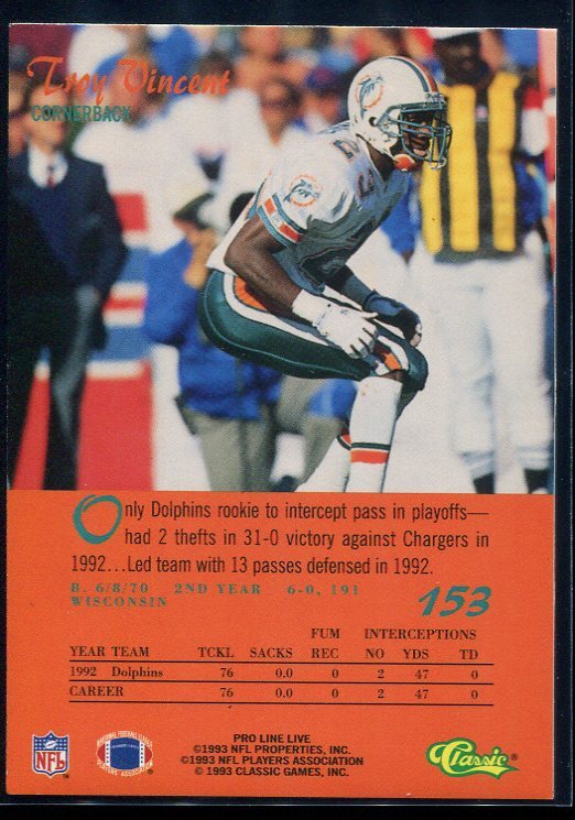 1993 Proline Live Football Troy Vincent #153 Miami Dolphins | eBay