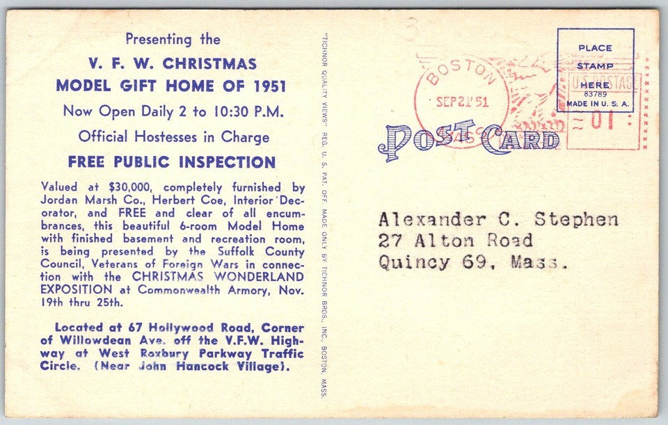 West Roxbury Massachusetts 1951 Postcard Christmas Model Gift Home | eBay