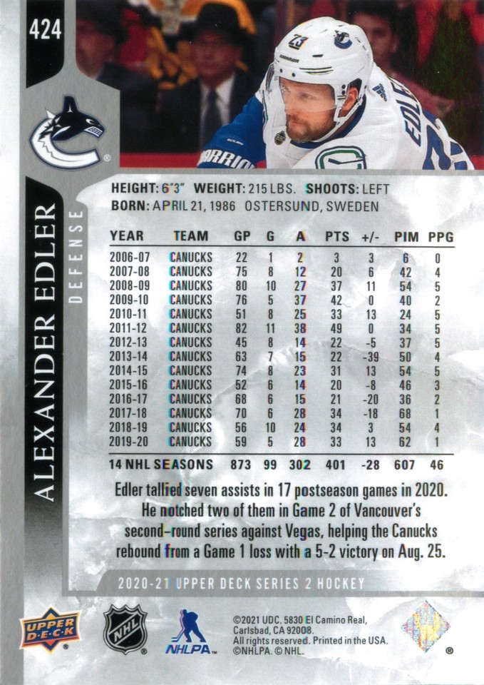Alexander Edler 2020-21 Upper Deck Series 2 Hockey Card #424 Vancouver ...