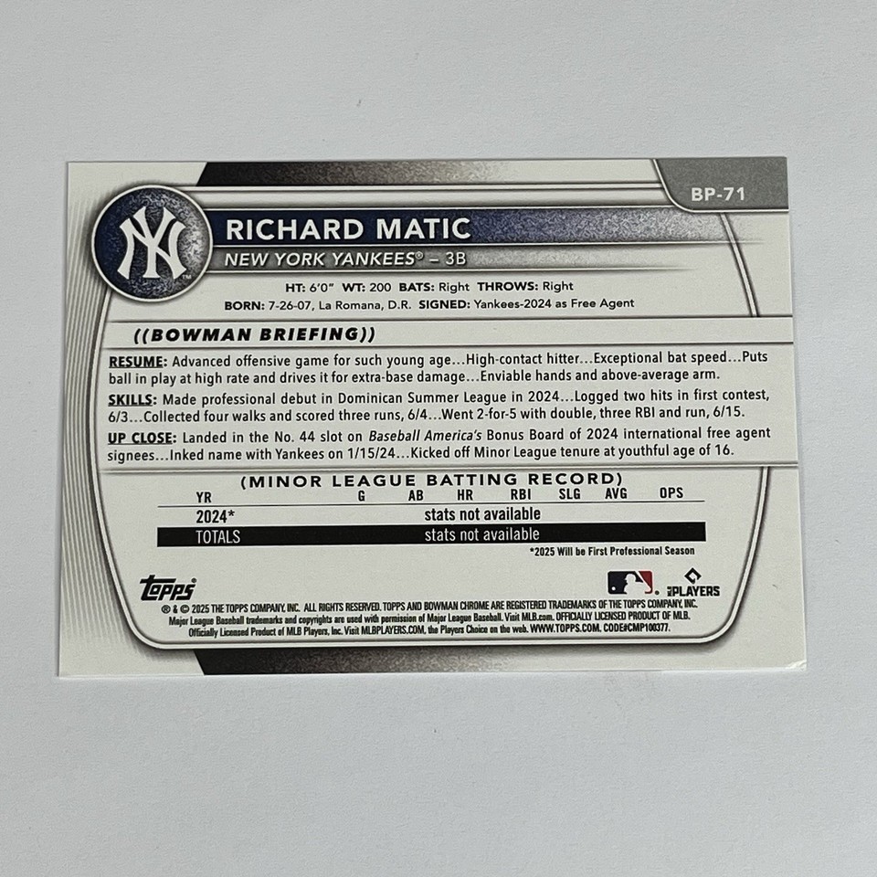 2025 Bowman Baseball #BP-71 Richard Matic, New York Yankees | eBay