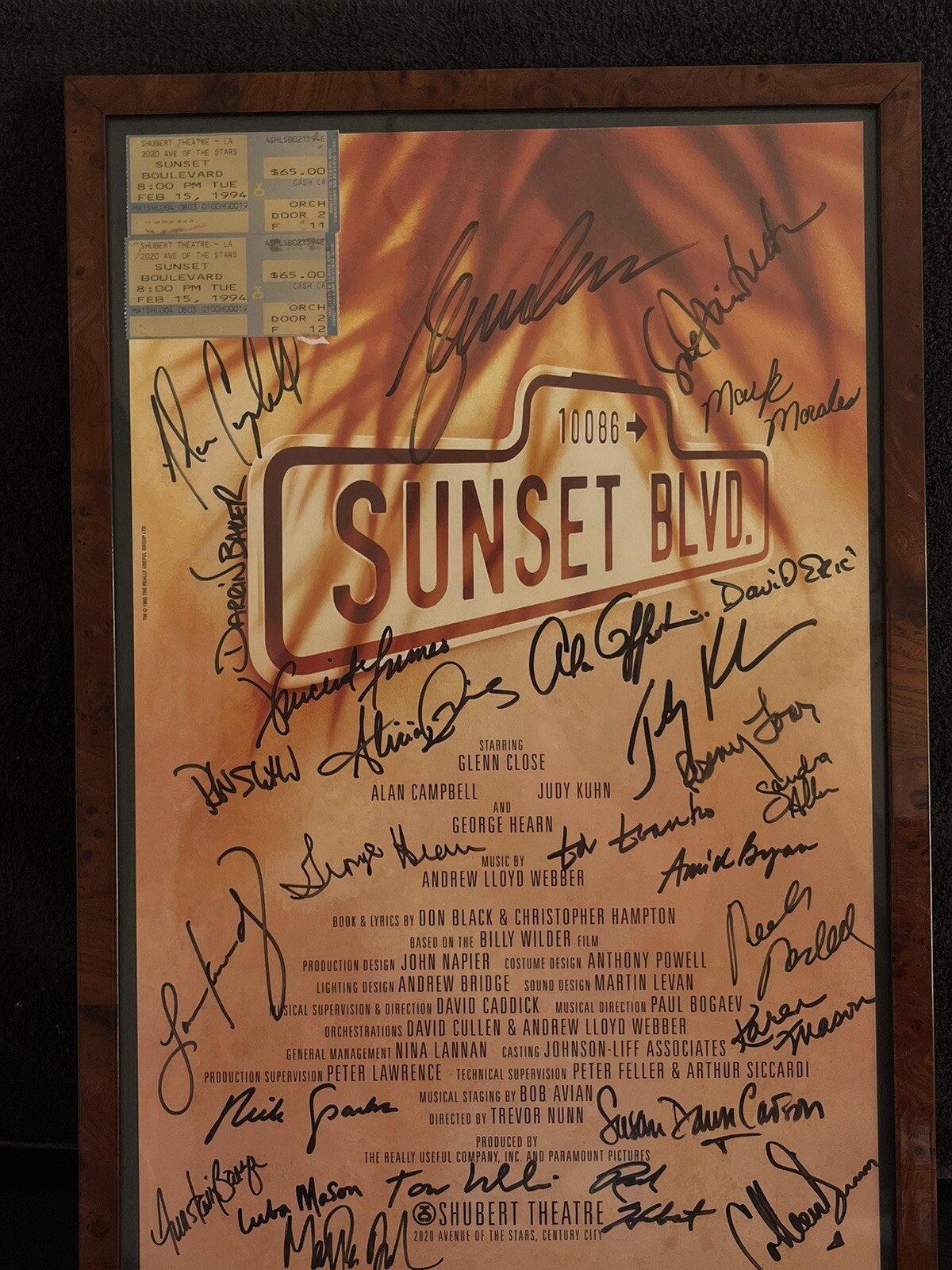 SUNSET BLVD. , CAST SIGNED BROADWAY WINDOW CARD. GLENN CLOSE