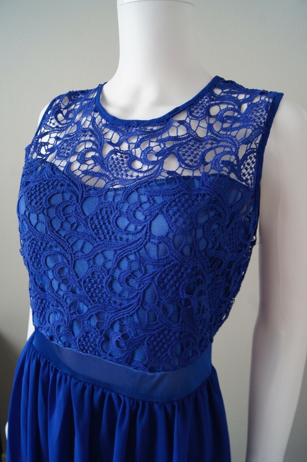 Vicabo Bright Blue Lace Overlay and Chiffon Fit Flare Dress Sleeveless ...