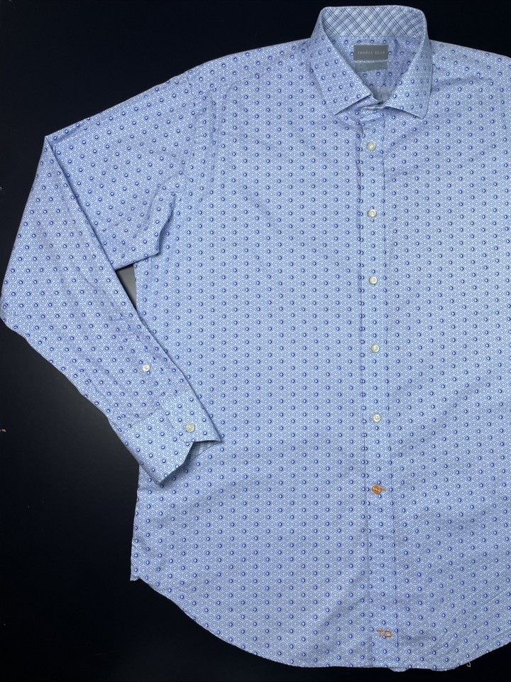 Thomas Dean Mens XL Blue Geometric Long Sleeve Button Down Shirt Flip ...