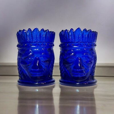 2 Joe St. Clair Art Glass American Indian Head Toothpick Holder Cobalt ...