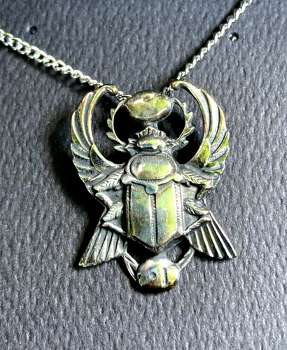 Winged Egyptian Scarab Beetle Sterling Silver Necklace Good Luck Wealth ...
