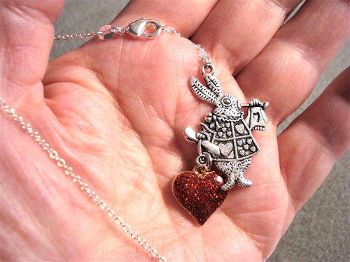 18" Necklace in Alice in Wonderland White Rabbit & Heart on Fine Thin ...