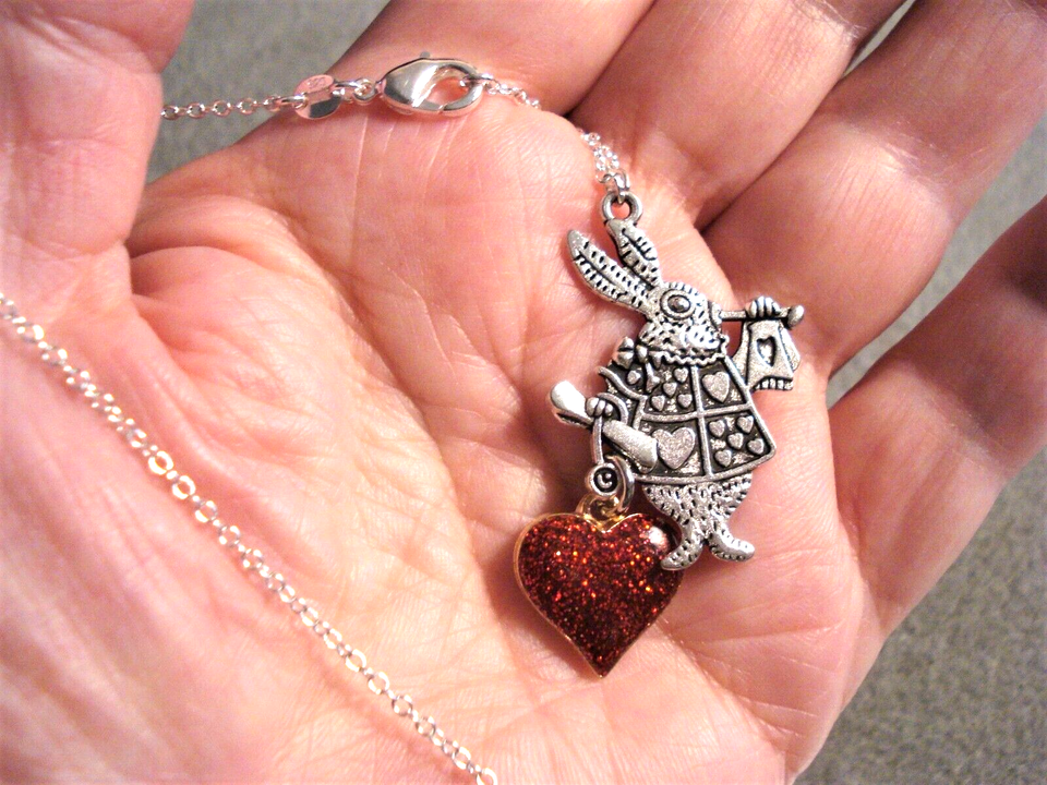 18" Necklace in Alice in Wonderland White Rabbit & Heart on Fine Thin ...