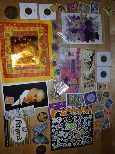 junk drawer lot Coins, Stamps, Hellnotes, Stickers, Labels, Tokens And ...