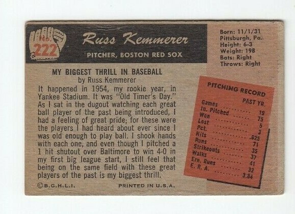 Russ Kemmerer 1955 Bowman ML Baseball Trading Card # 222 Red Sox | eBay