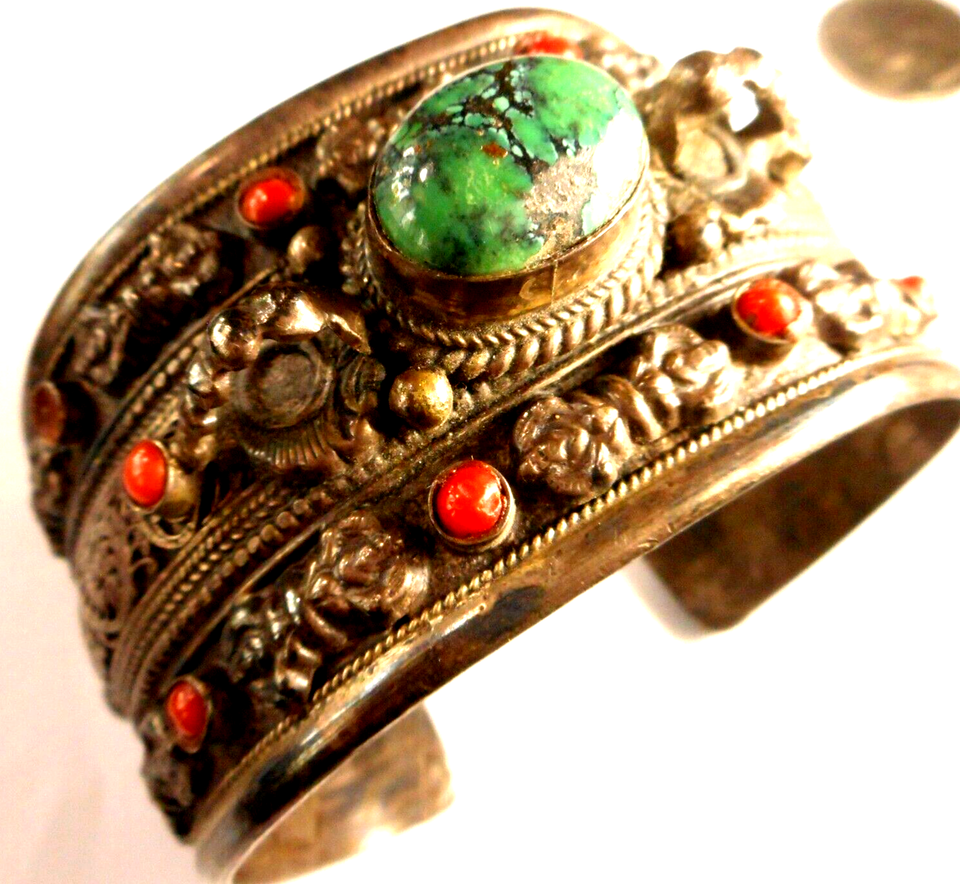 Vtg/Antique Sterling Silver Elaborate Heavy Cuff Bracelet Stones Dragon ...