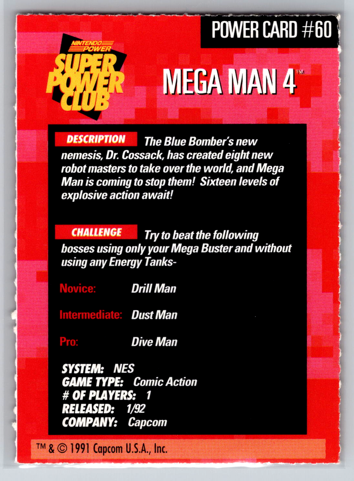 Mega Man 4 IV Nintendo Super Power Club Magazine Card #60 Perforated | eBay