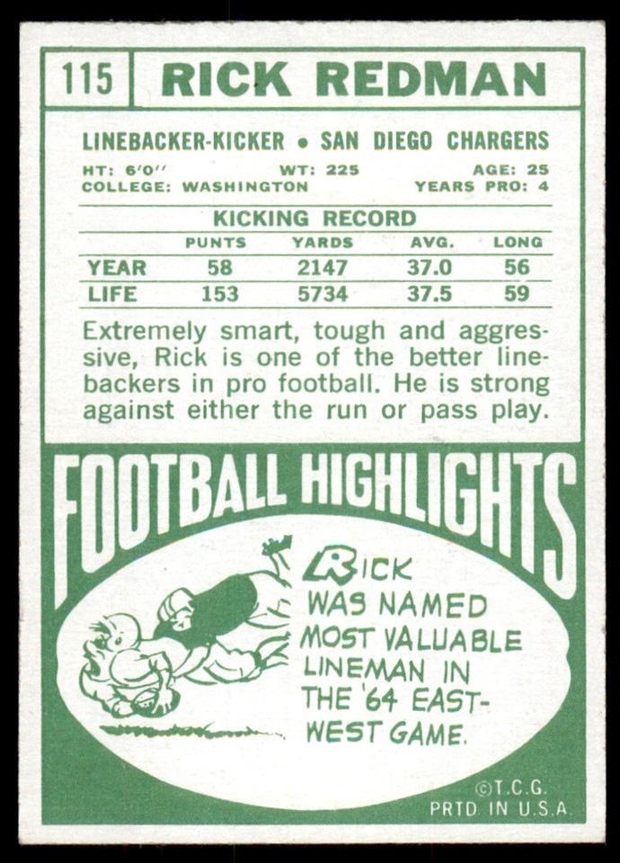 1968 Topps Football Rick Redman (B) San Diego Chargers #115 | eBay