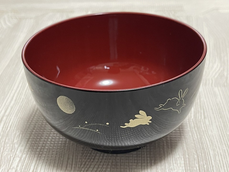 daiso Soup Bowl made in japan design Rabbit Yamanaka-nuri red black 3pc ...