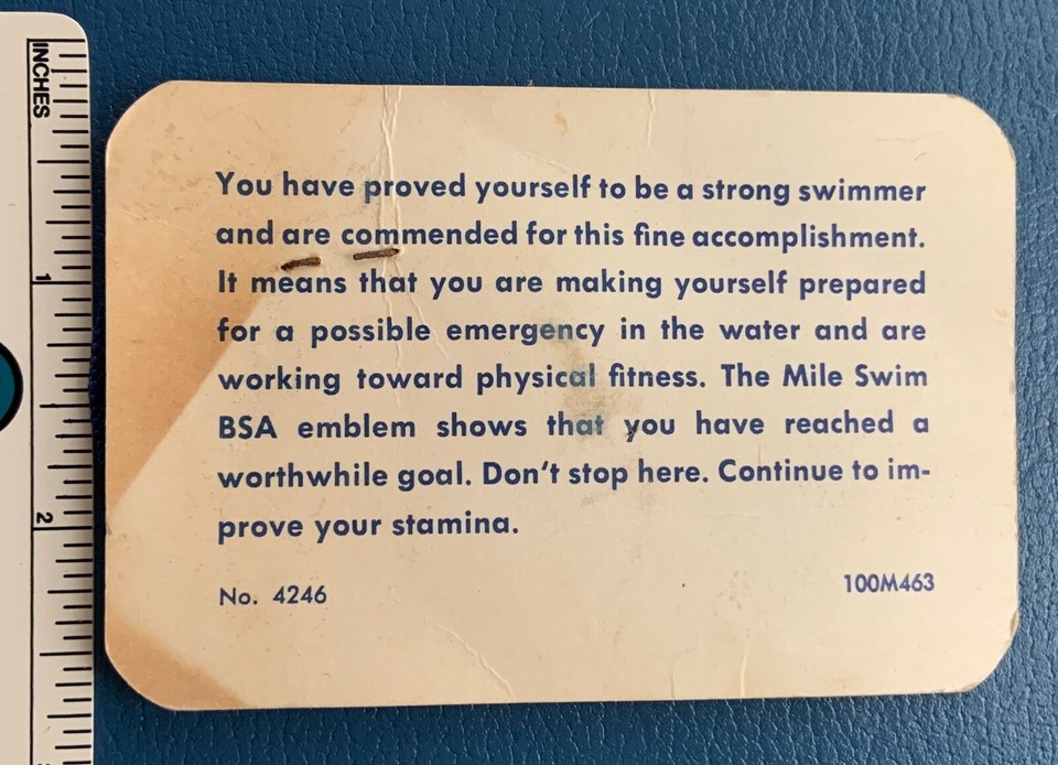 Vintage 1960s MILE SWIM Boy Scout Swimmer Award PATCH & CARD BSA Emblem ...