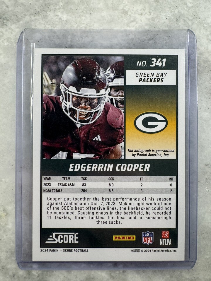 2024 Panini Score EDGERRIN COOPER AUTO ROOKIE RC TEXAS A&M GREEN BAY ...