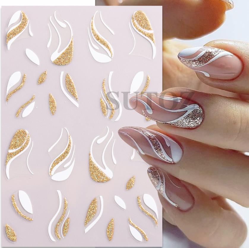 3D Glitter Gold Line Nail Art Stickers Decals French Tip Wavy Fringe ...