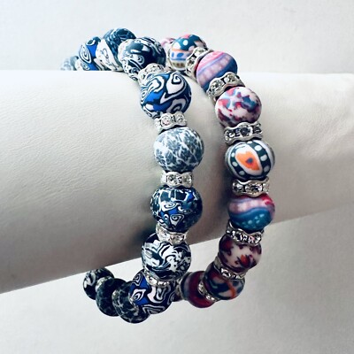 Viva Beads Chunky Silver Clay Handmade Set Of Two Stretchy Bracelets ...