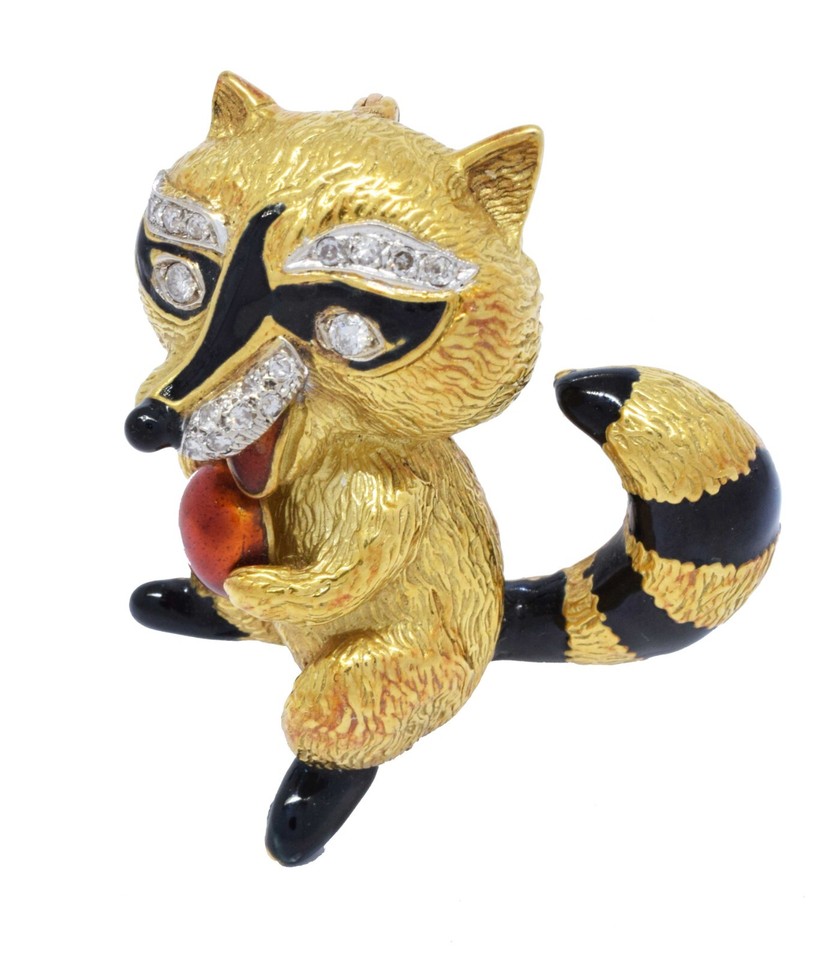 Brooch 18K Yellow Gold Diamond & Enamel Racoon | eBay