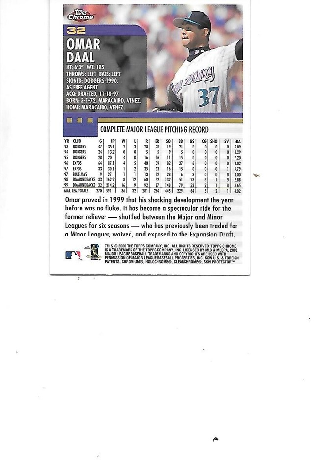 Omar Daal 2000 Topps Chrome Baseball Card #32 Arizona Diamondbacks | eBay