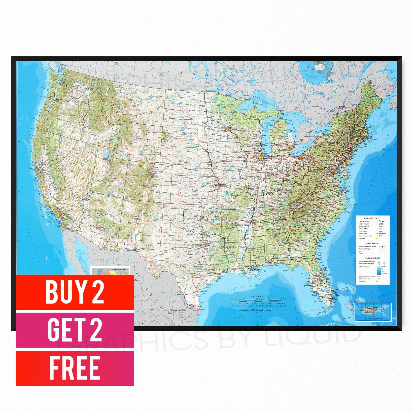 USA Map United States Wall Chart Map | Grelly UK