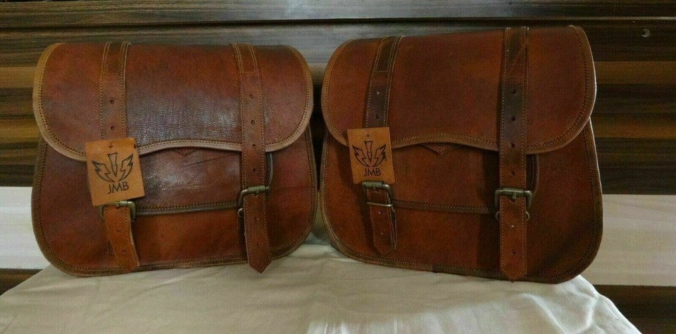 1 Pair Genuine Brown Leather Saddle Bag Motorcycle 2 Side Bag Panniers ...
