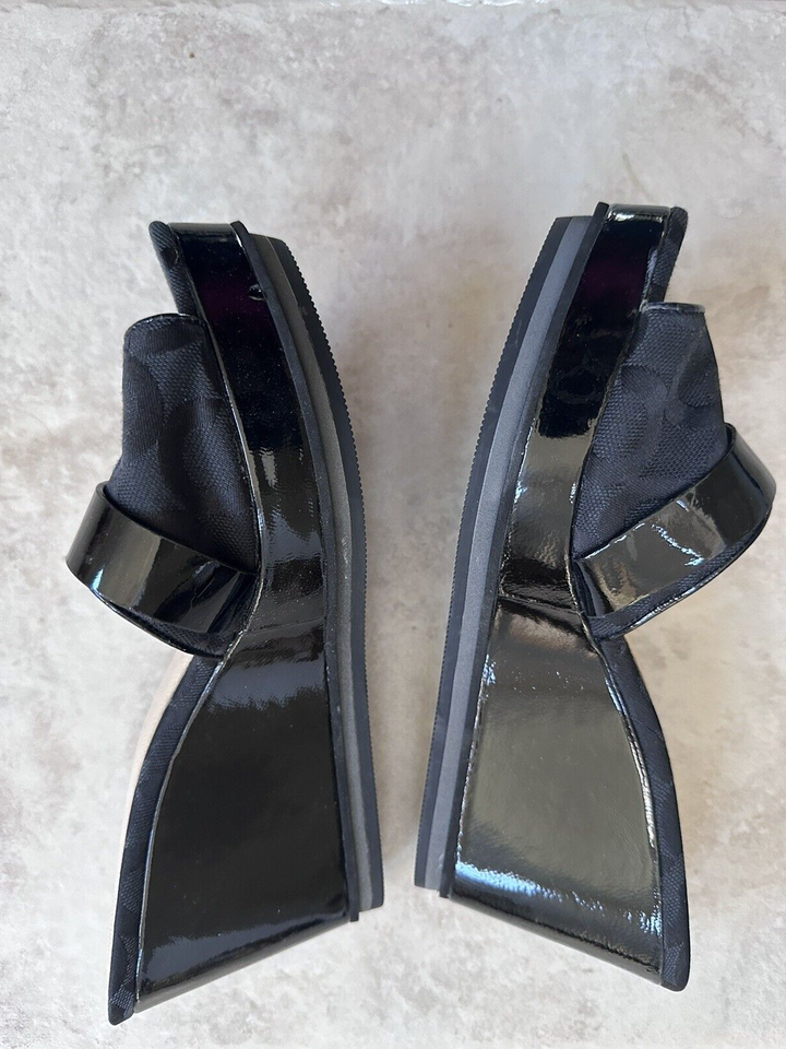 Coach Geri Signature Womens C Wedge Black Patent Sandal Platform Shoes ...