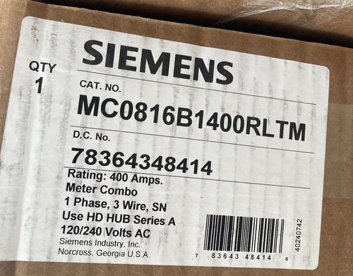 SIEMENS MC0816B1400RLTM 400 AMP METER COMBO 1 PHASE 3 WIRE NEW UNOPENED ...