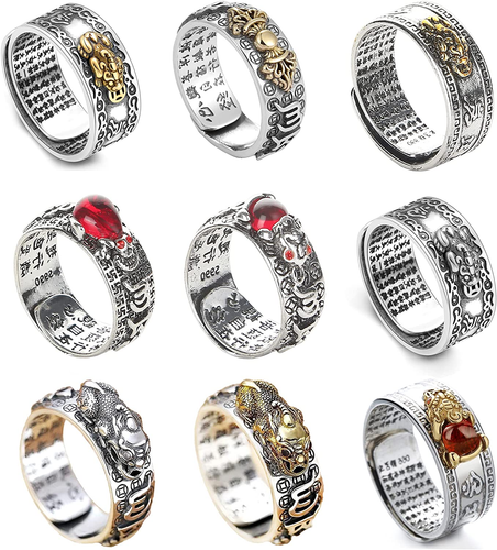 9 Pieces Feng Shui Ring Pixiu Buddhist Lucky Rings Amulet Mantra Double ...