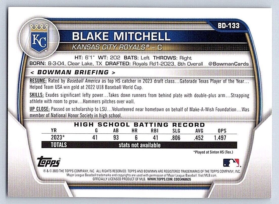 2023 Bowman Draft Blake Mitchell 1st Paper BD-133 Royals Prospect | eBay
