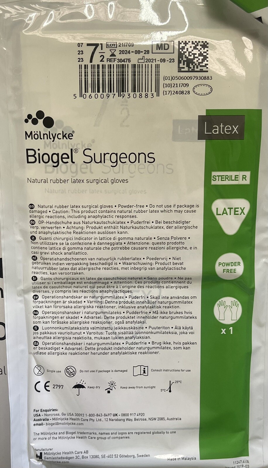 (50) Pairs Size 7.5 Molnlycke Biogel Surgeons Latex Sterile Surgical ...